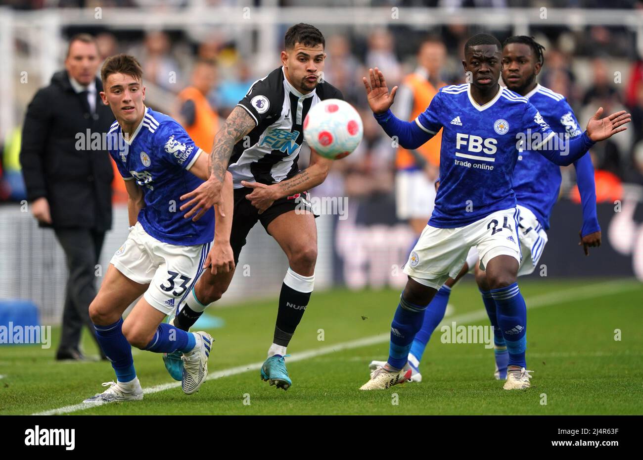 Leicester City's Luke Thomas, Newcastle United's Bruno Guimaraes and Leicester City's Nampalys ...