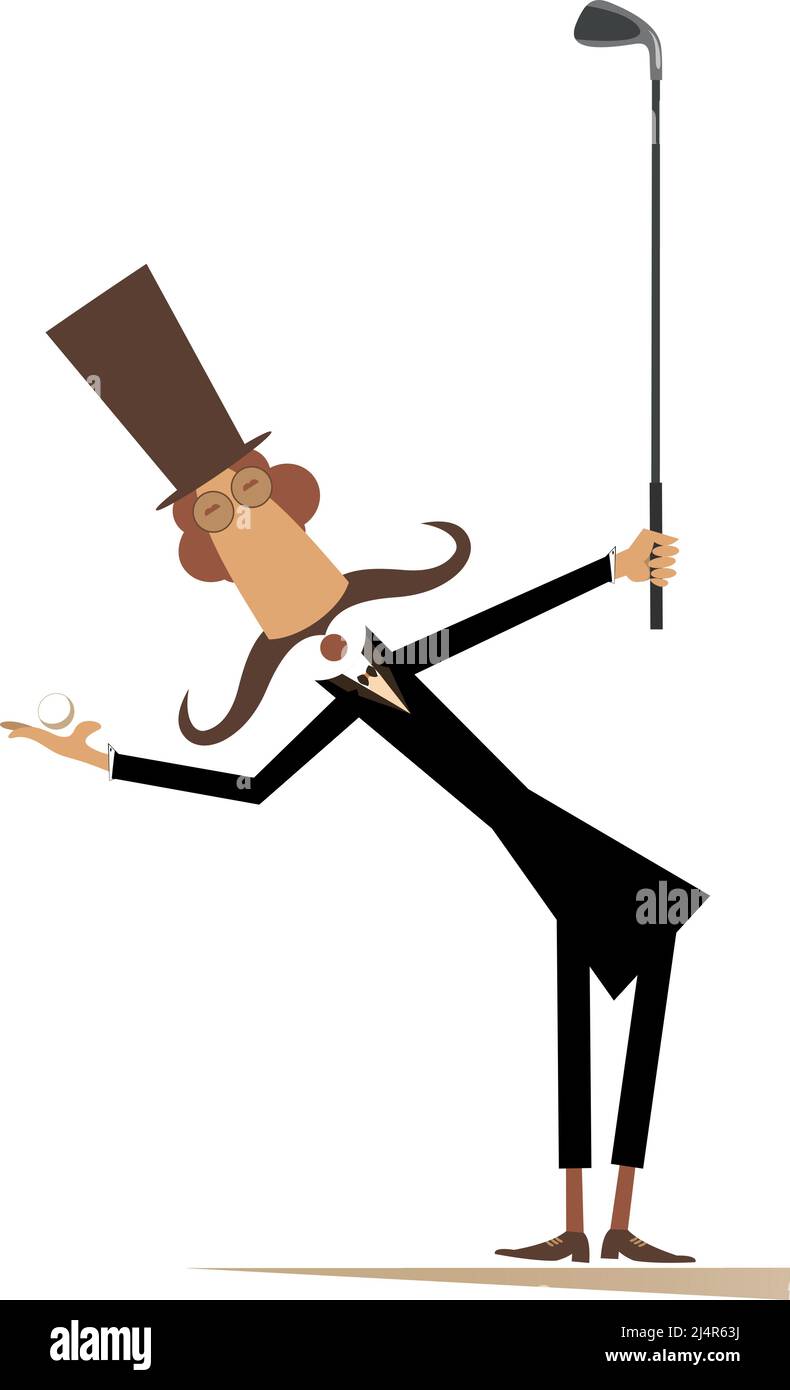 Funny long mustache man plays golf illustration. Cartoon long mustache ...