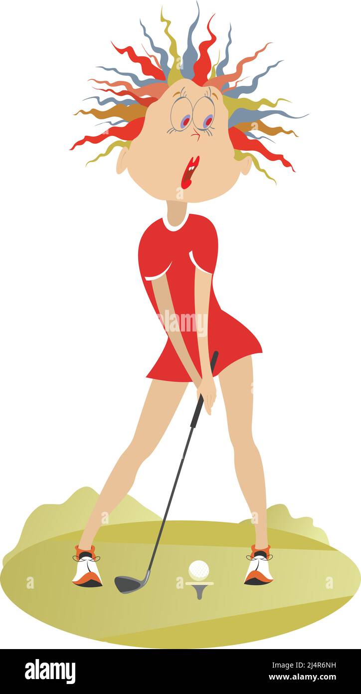 Young golfer woman on the golf course illustration. Cartoon golfer ...
