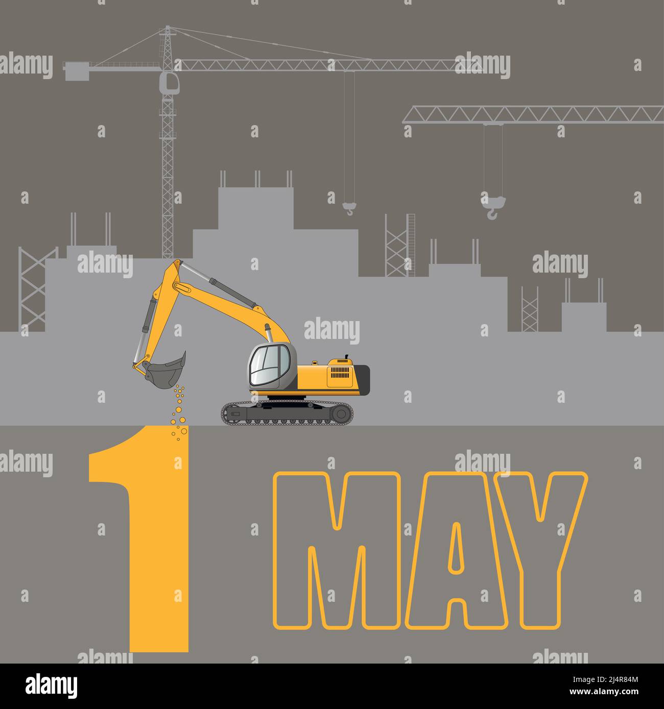 Greeting card. May 1, happy labor day. Excavator digs up the number 1 ...