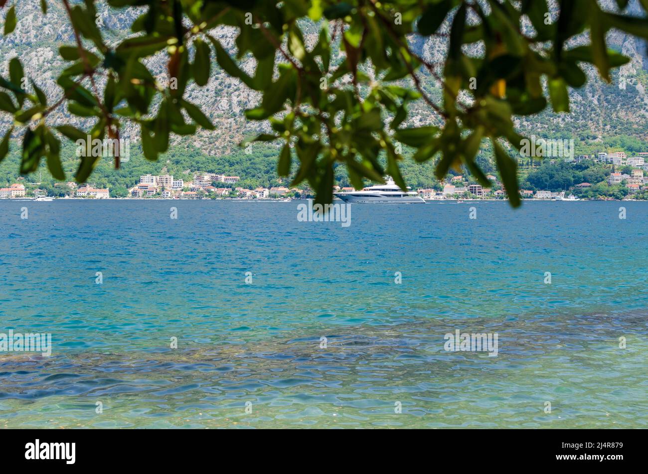 Branches of mediterranean tree, yacht and vivid blue sea with a small ...