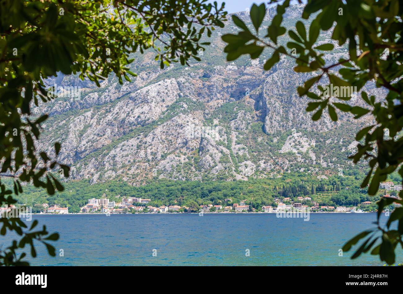 Branches of mediterranean tree and vivid blue sea with a small coastal ...