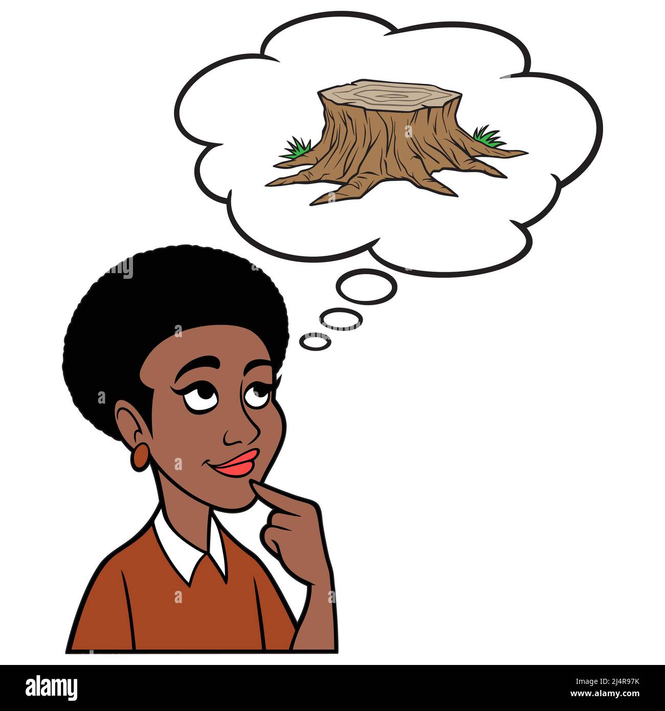 Black Woman thinking about Tree Stump Removal - A cartoon illustration ...