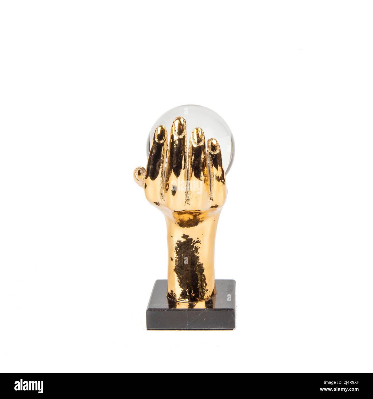 abstract metal hand with marble stand isolated on white luxury house ...