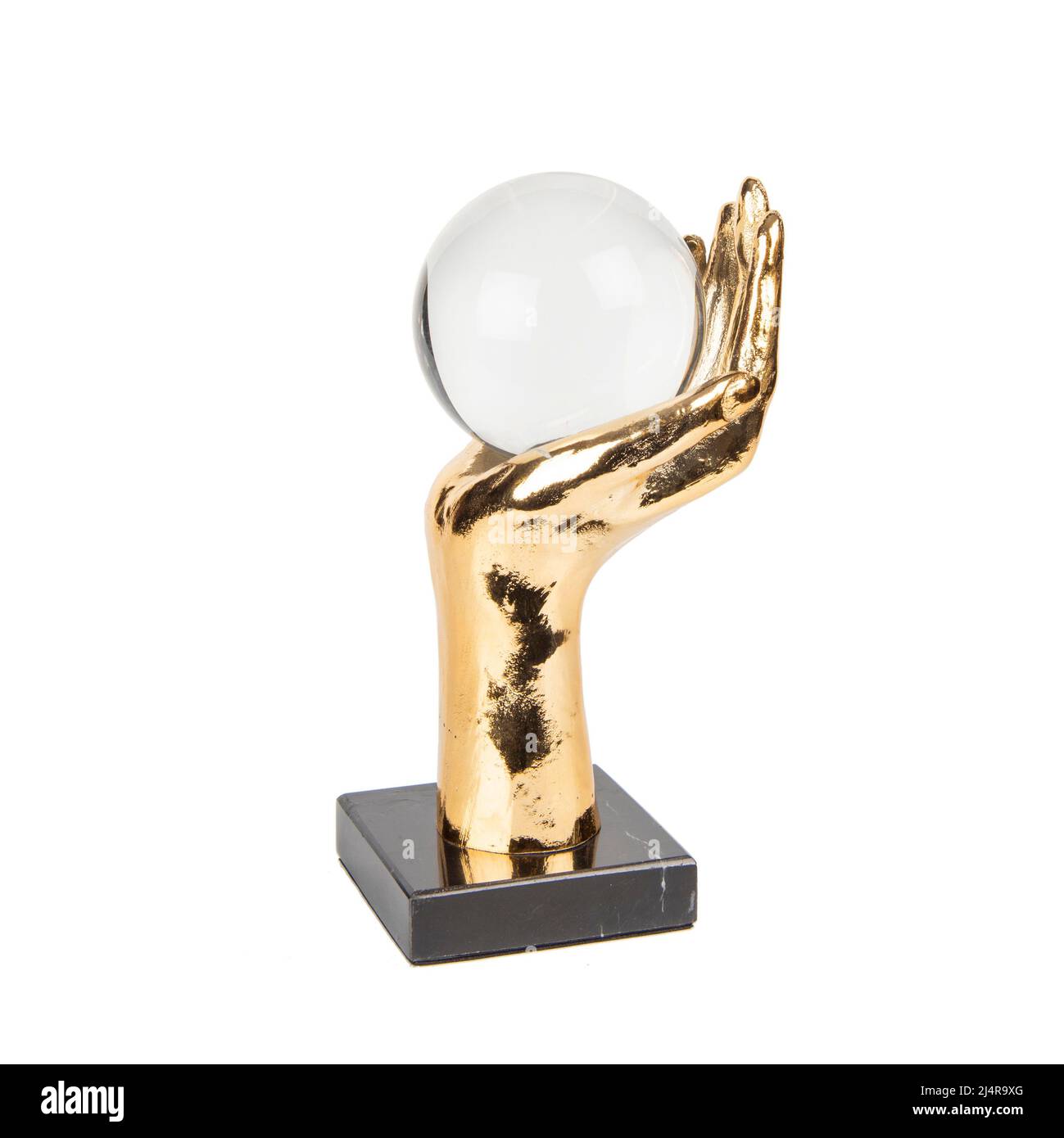abstract metal hand with marble stand isolated on white luxury house ...