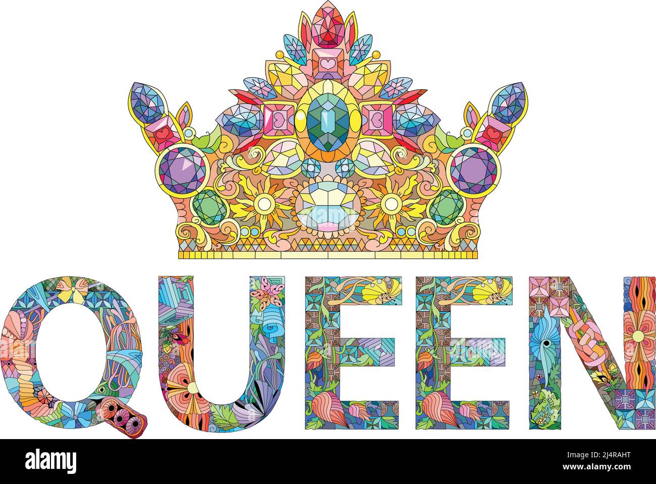 Hand-painted art design. Hand drawn illustration word Queen with the ...