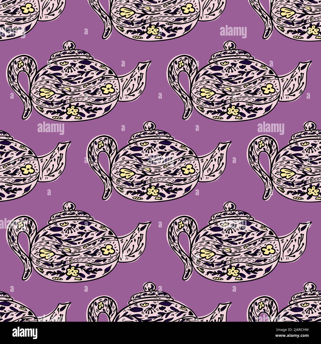 Seamless pattern with cute teapots. Background of doodle kettle ...