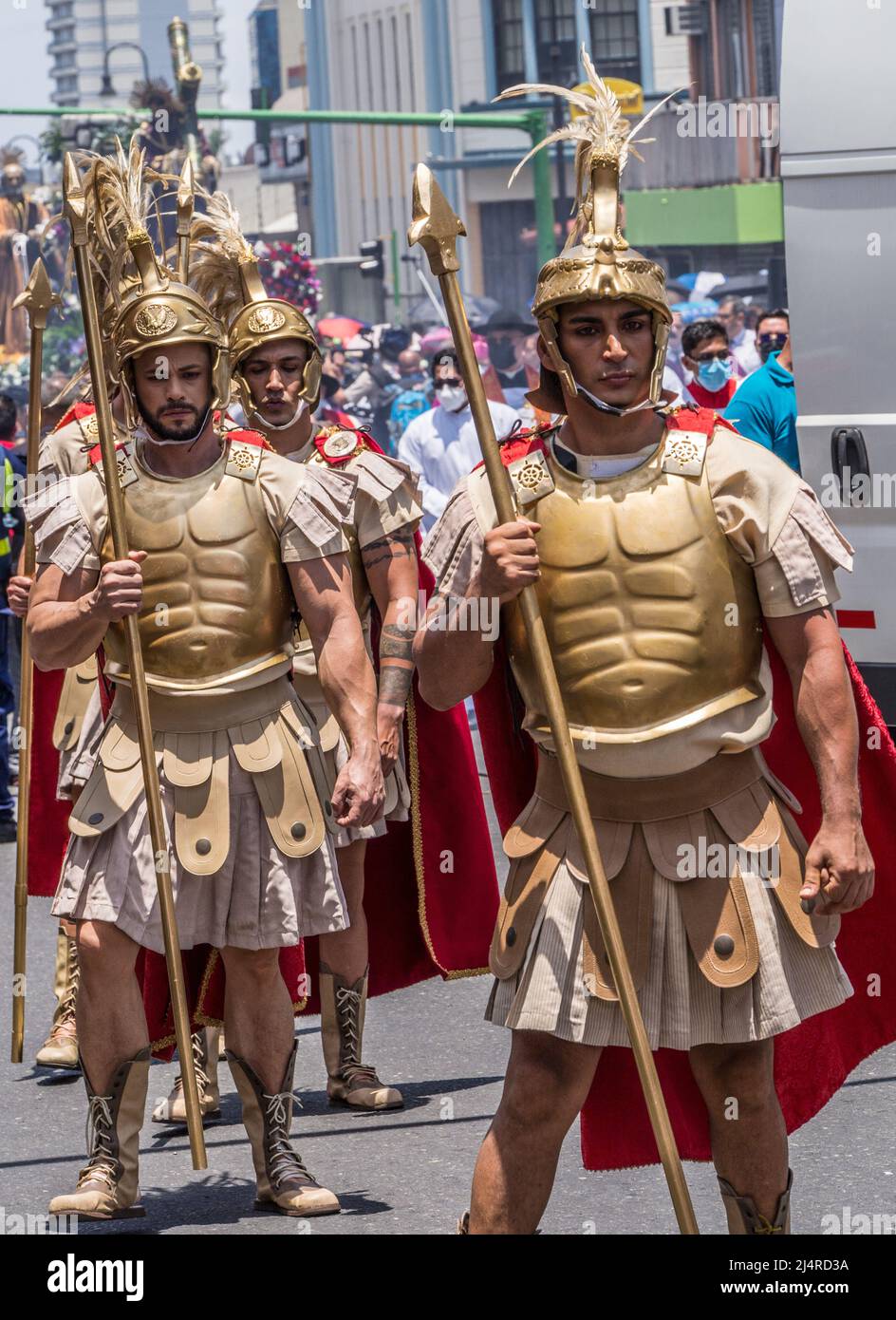 People in costume of Roman soldiers in a Good Friday Procession in San ...