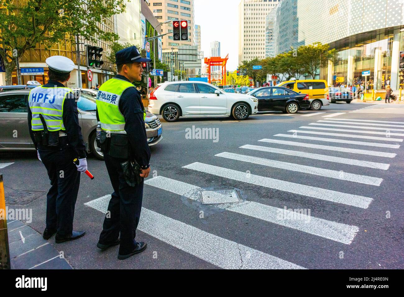 Shanghai, China, Street Scene, Chinese Traffic Police in CIty Center ...