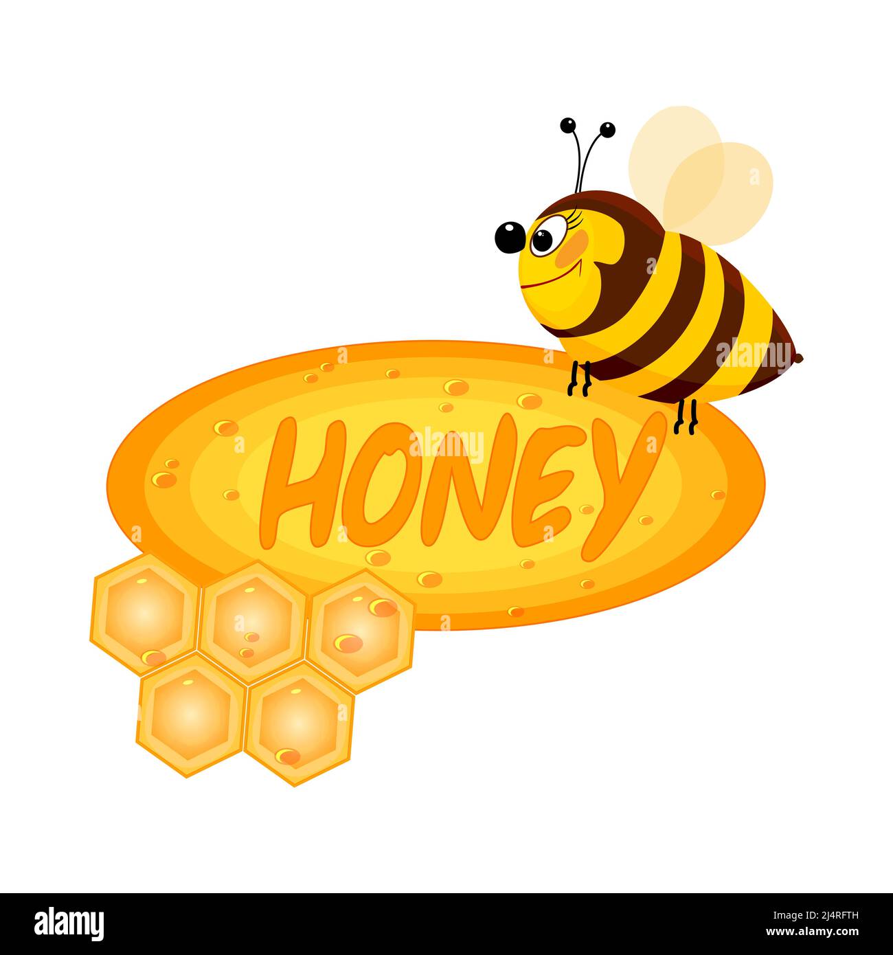 Honey label. Sticker with cartoon bee, honeycomb and headline honey ...