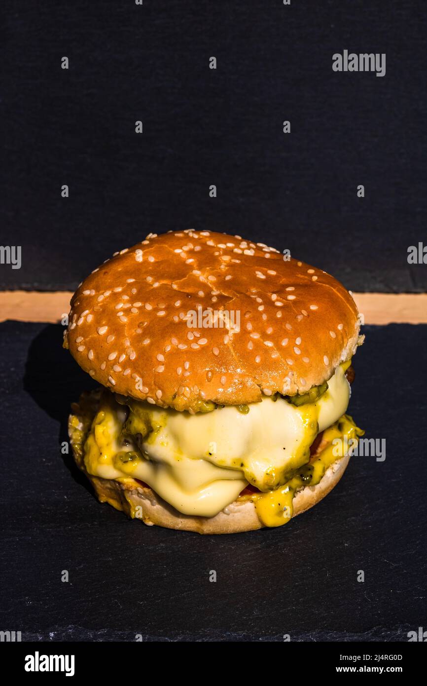Homemade beef cheeseburger with melting cheese, tomatoes, onions ...