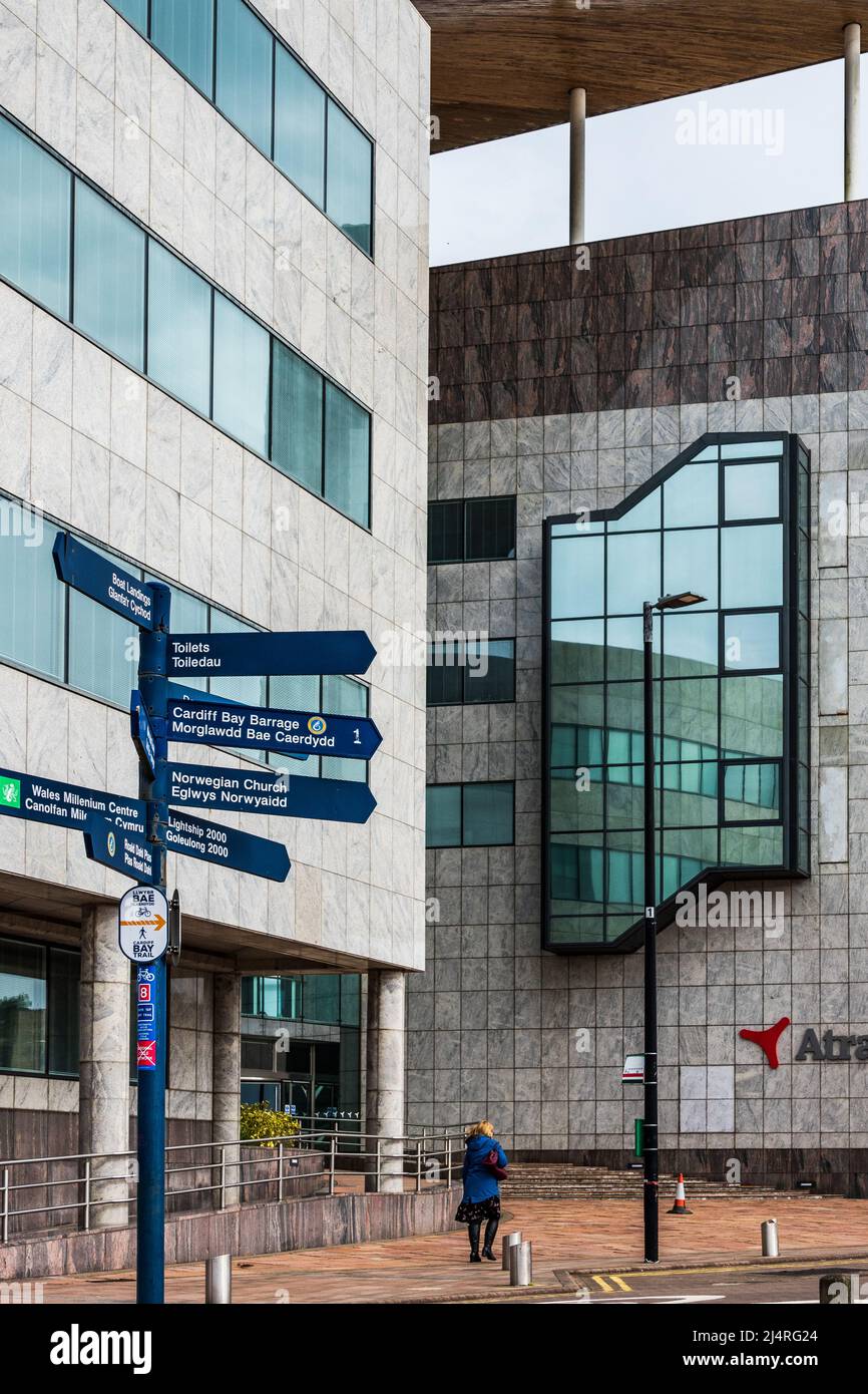 Signage and modern architecture in Cardiff Bay, Wales, UK Stock Photo ...