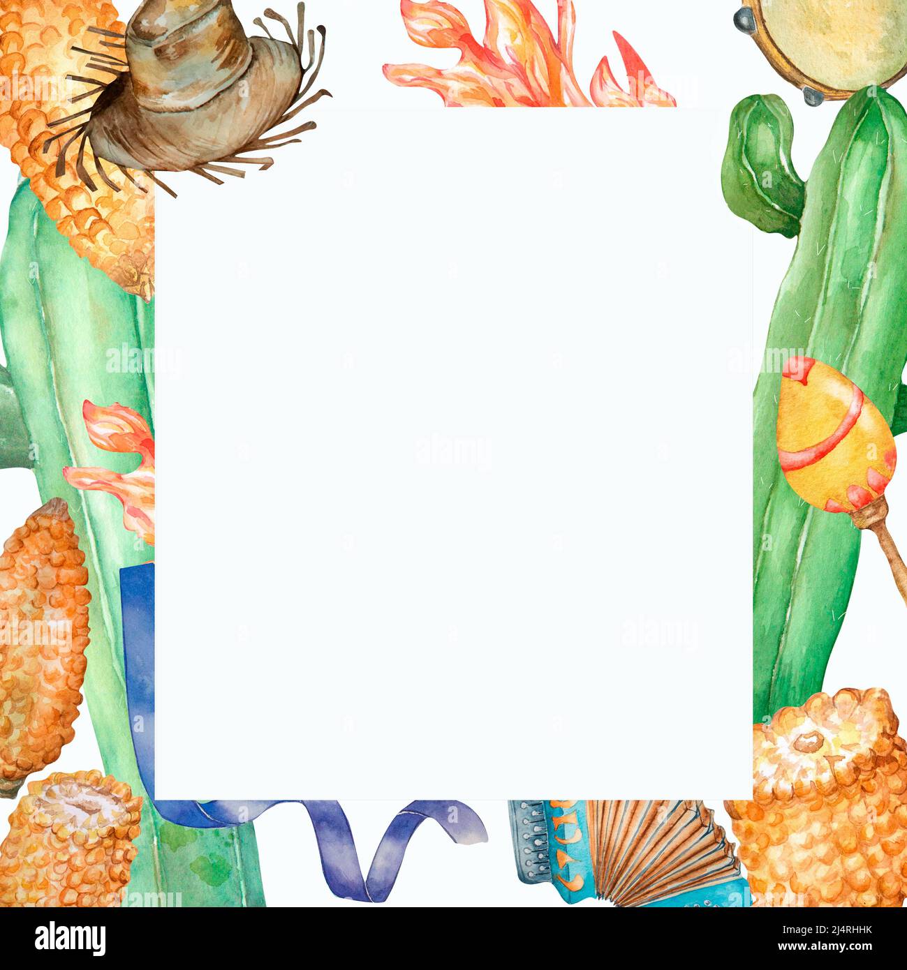 Brazilian June festival frame, card with accordion, straw hat, corn ...