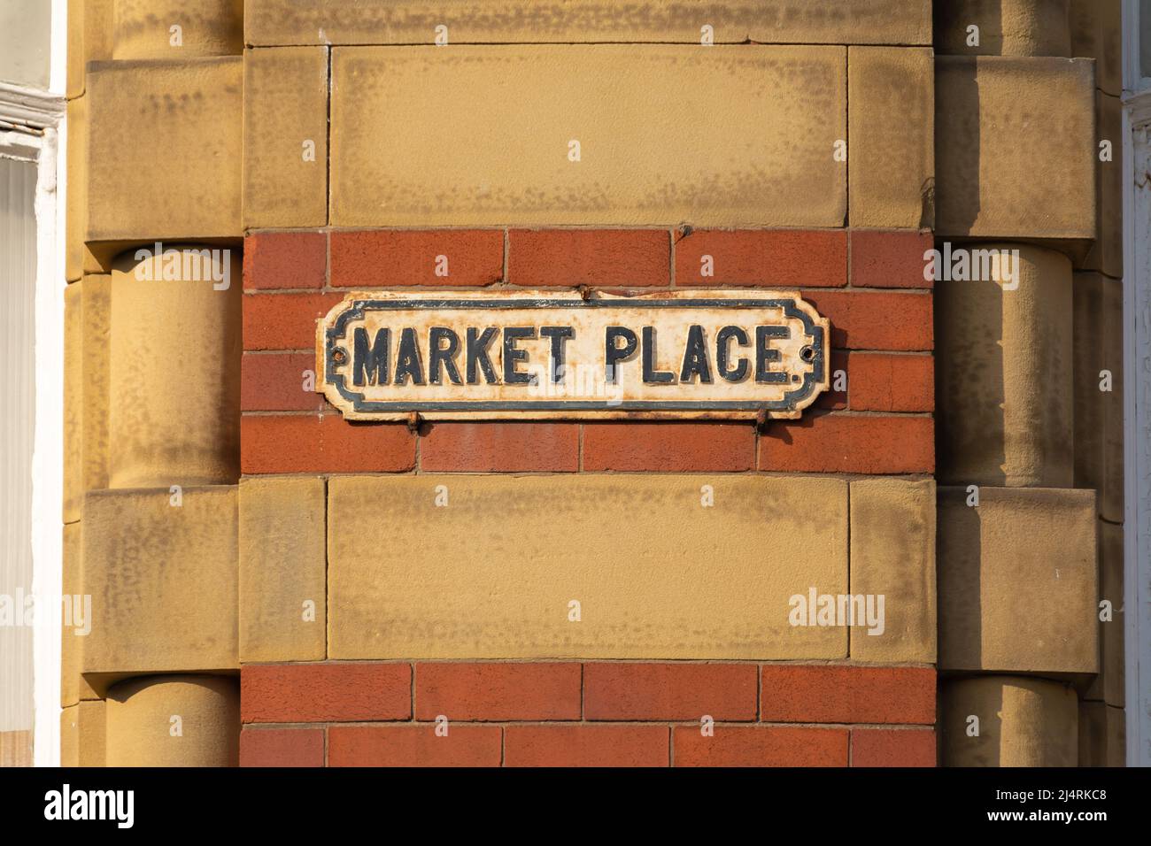 Old Market Place street sign on brick building in English city Stock ...