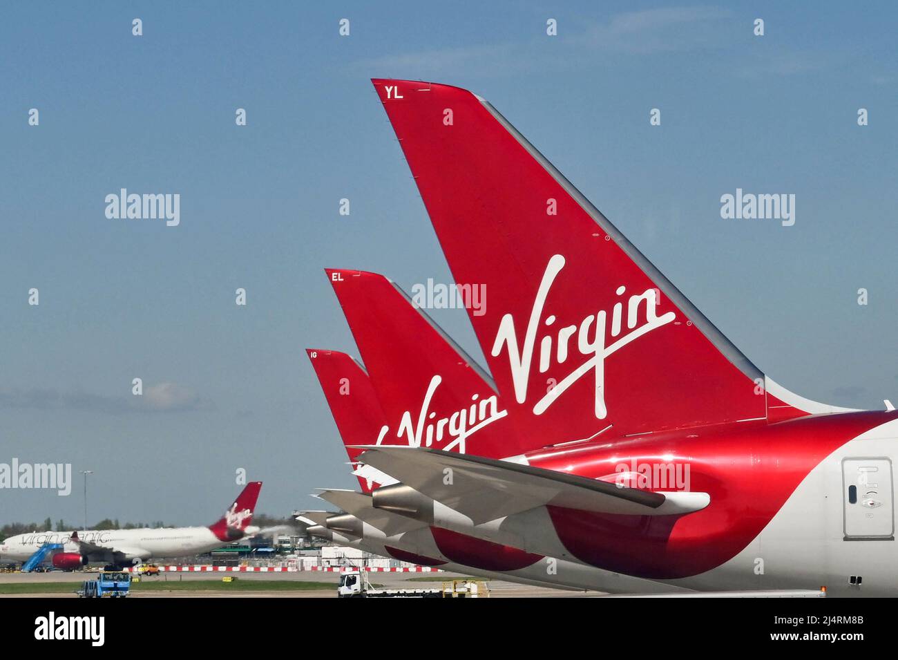 London, England - April 2022: Tail fins of Virgin Atlantic Airways ...