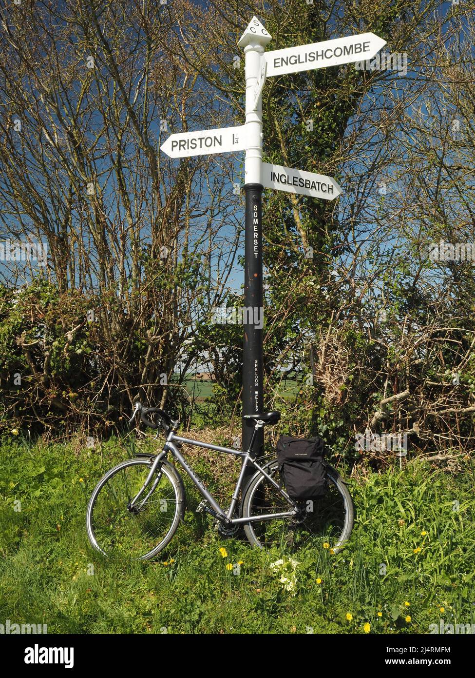 Road signs at junction on country lanes in rural Somerset, south of ...