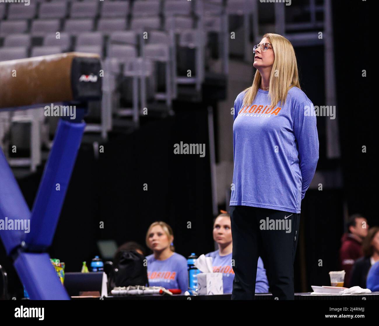 April 16, 2022: Florida head coach Jenny Rowland observes her team warm ...