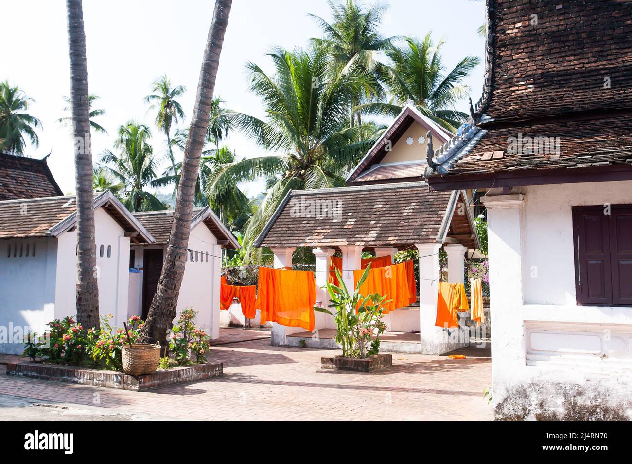 Monastic robes, saffron robes hanging on the clothesline in sunlight at ...