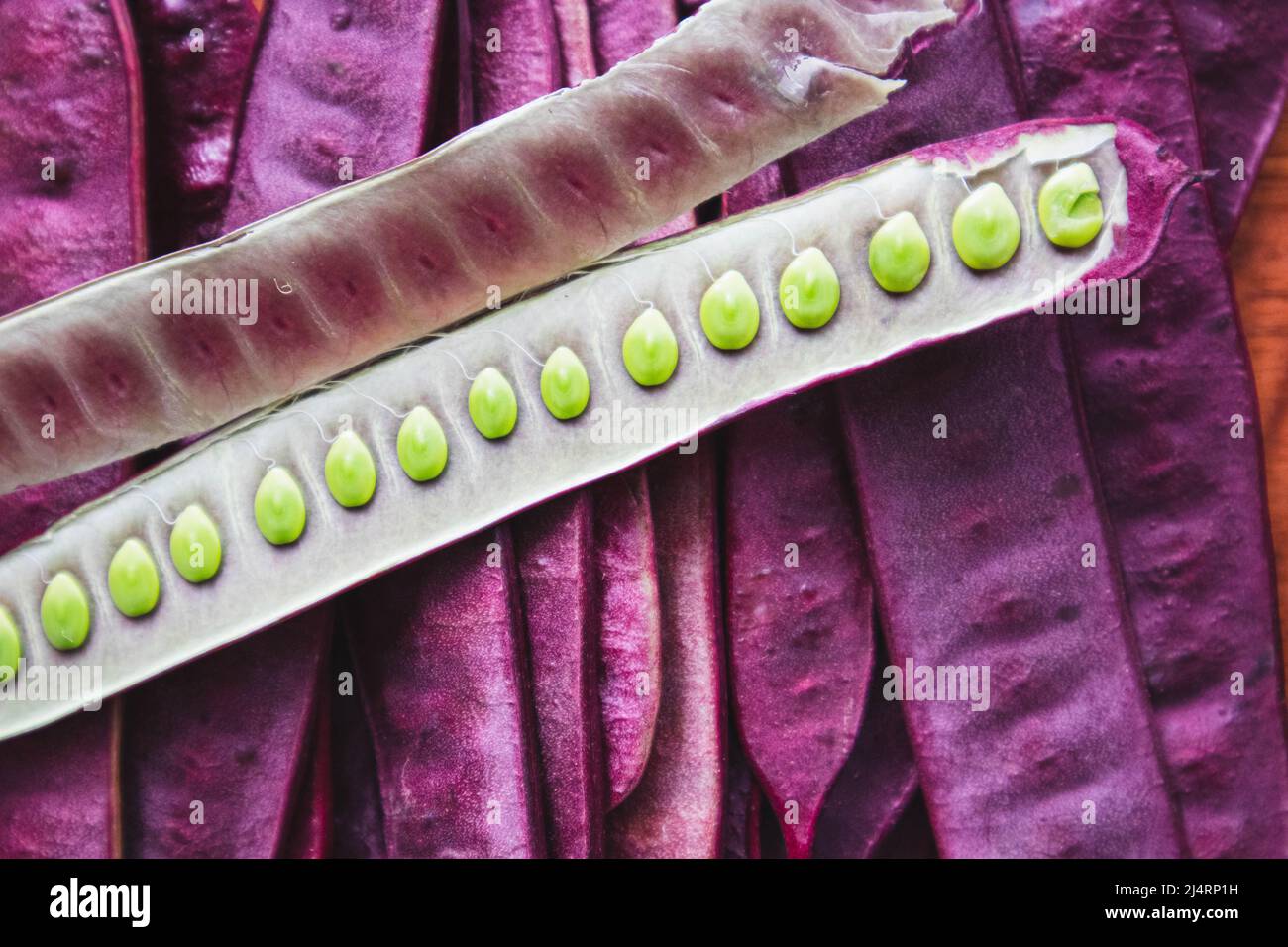 Pile of Guaje seed pods on a wood table with one open seed pod in ...