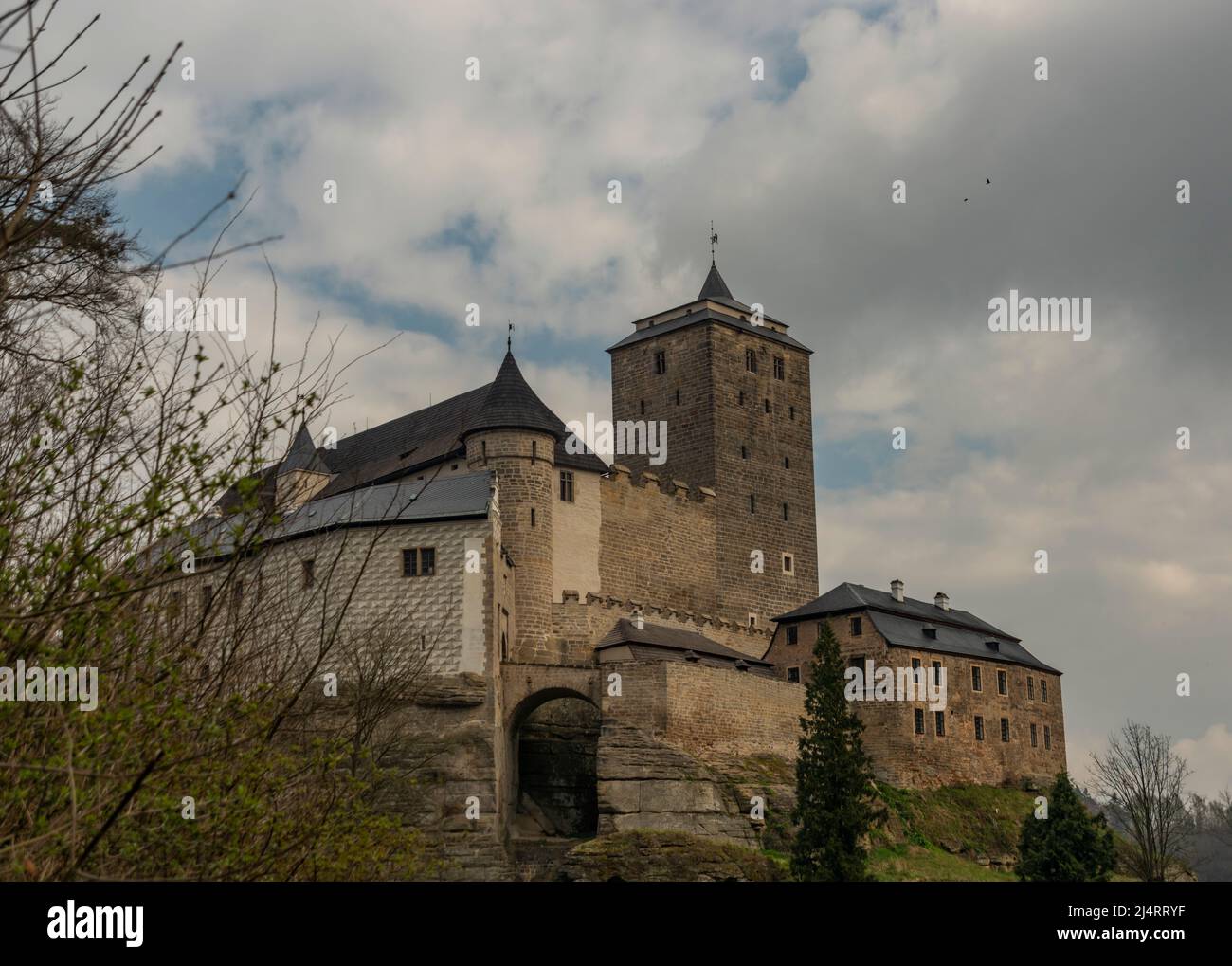 Cloudy spring morning with big castle in Liberec area in north Bohemia ...