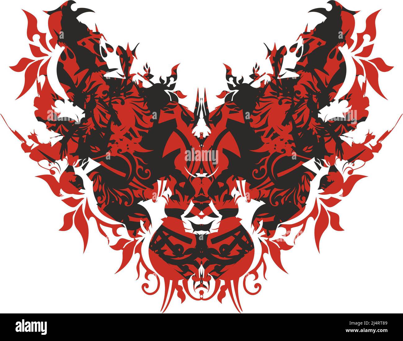 Dangerous black-red butterfly wings with floral and bird patterns on a ...