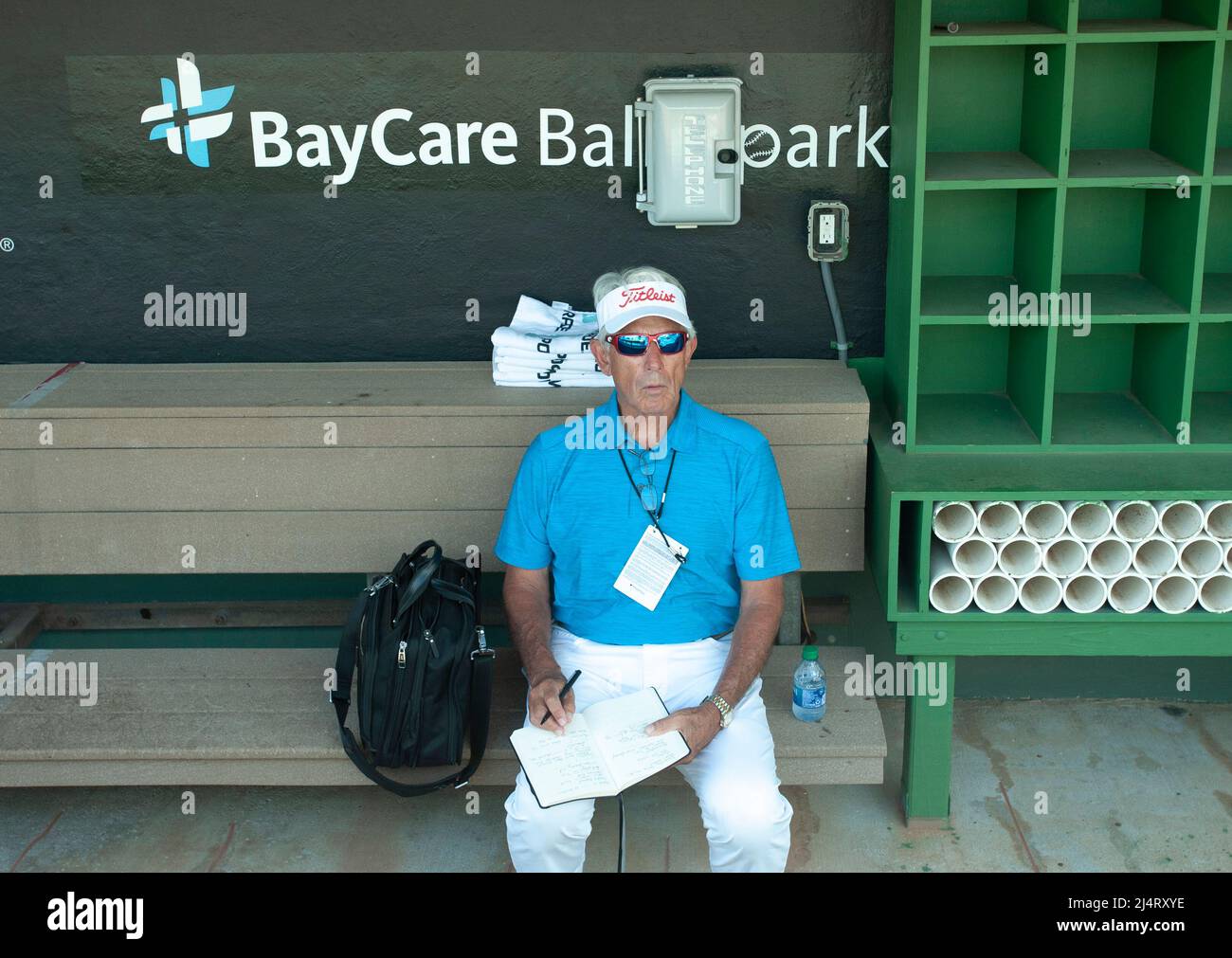 Toronto Blue Jays broadcaster Buck Martinez sits in the Jays' dugout ...