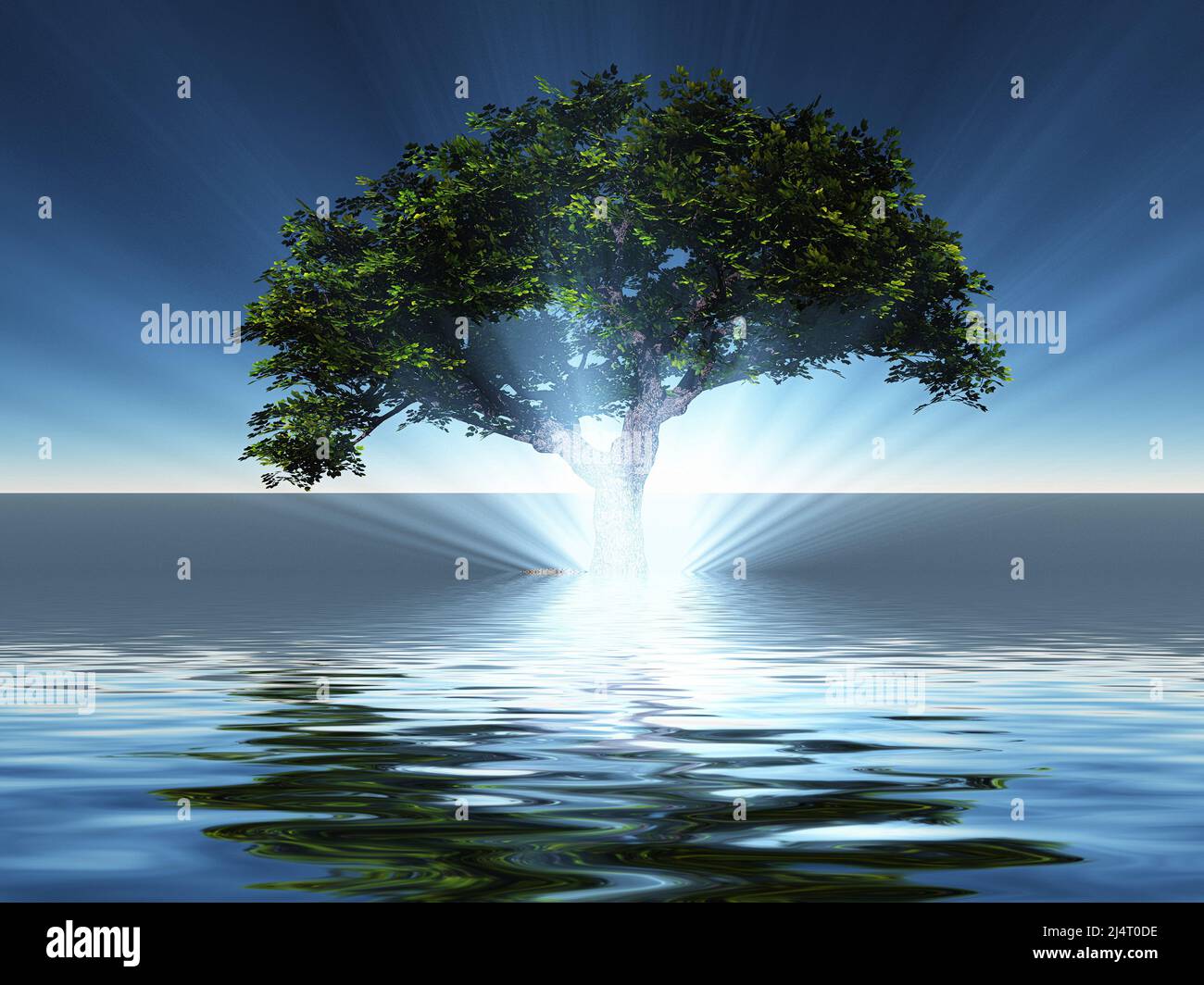 Surreal digital art. Green tree grows from the water. 3D rendering ...