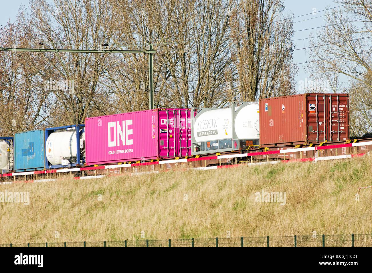 Arnhem, Netherlands - March 17, 2022: Part of a large freight train ...