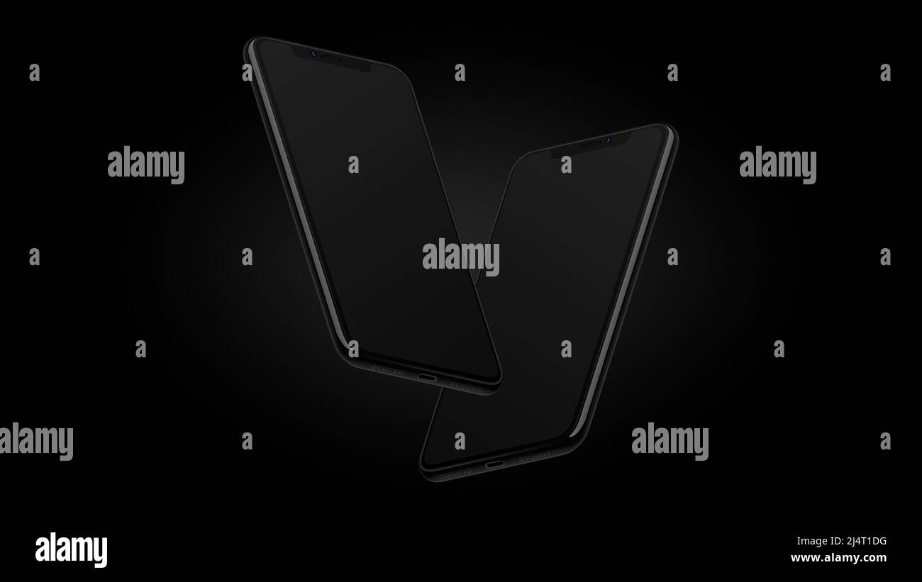 Two Black Smartphones in Diagonal Angle. Editable Dark Mockup. Vector ...