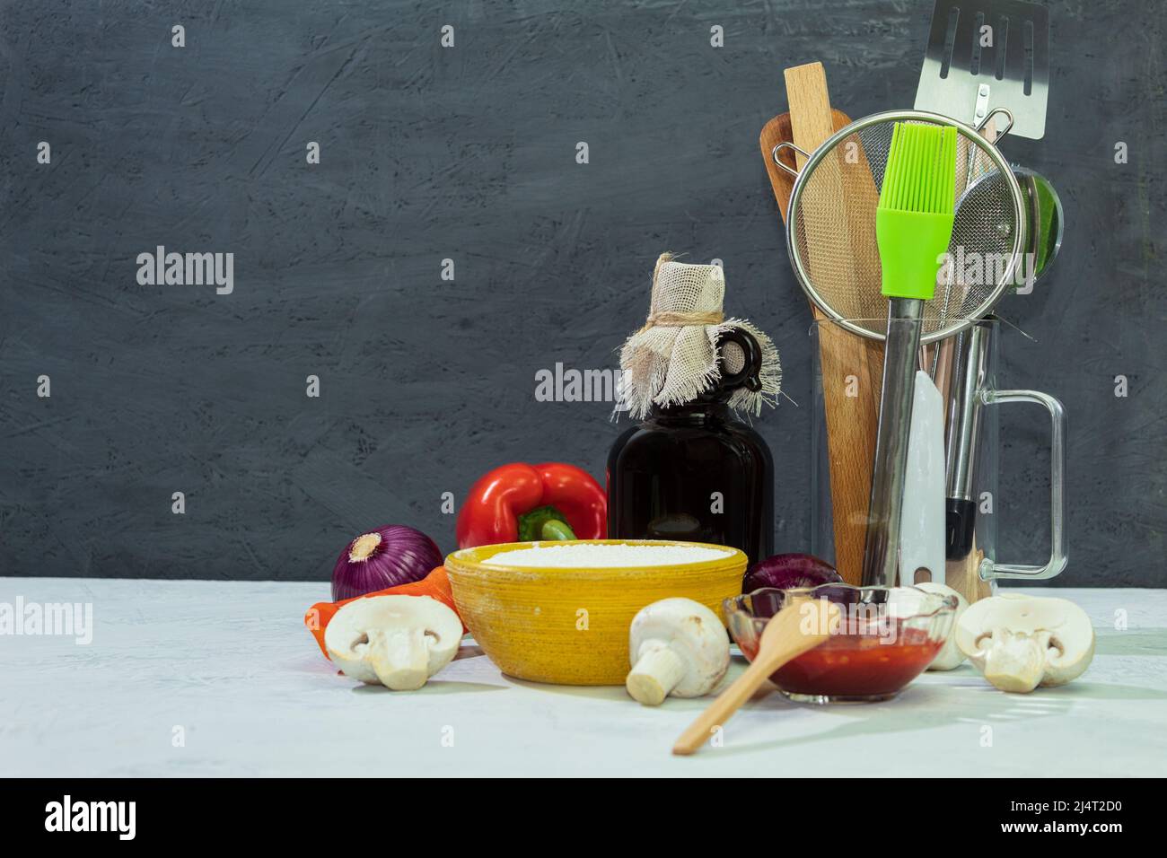 Ingredients On The Table For Making Pizza Pizza Cooking Process Dough Rolling Pin Eggs