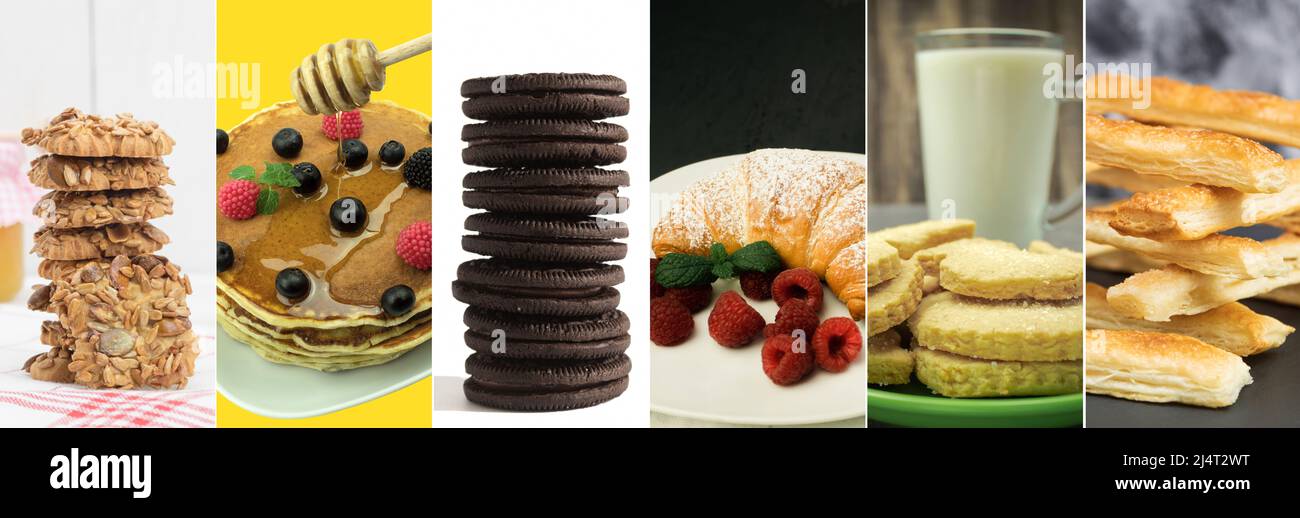 Photo collage of fresh pastries and croissants. Collage of photos with ...