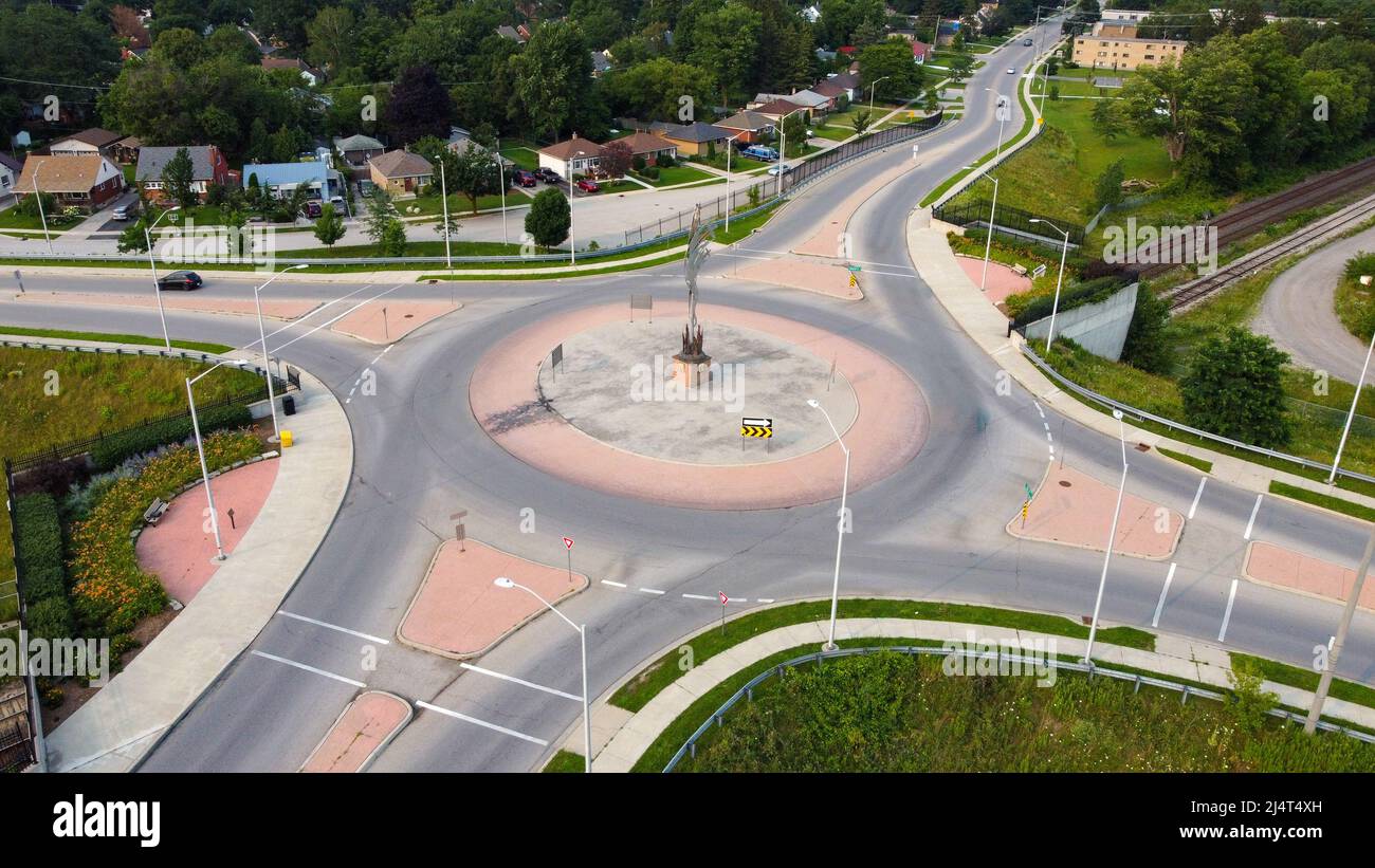 London Ontario Canada, July 2021. Elevated roundabout soltion to busy ...