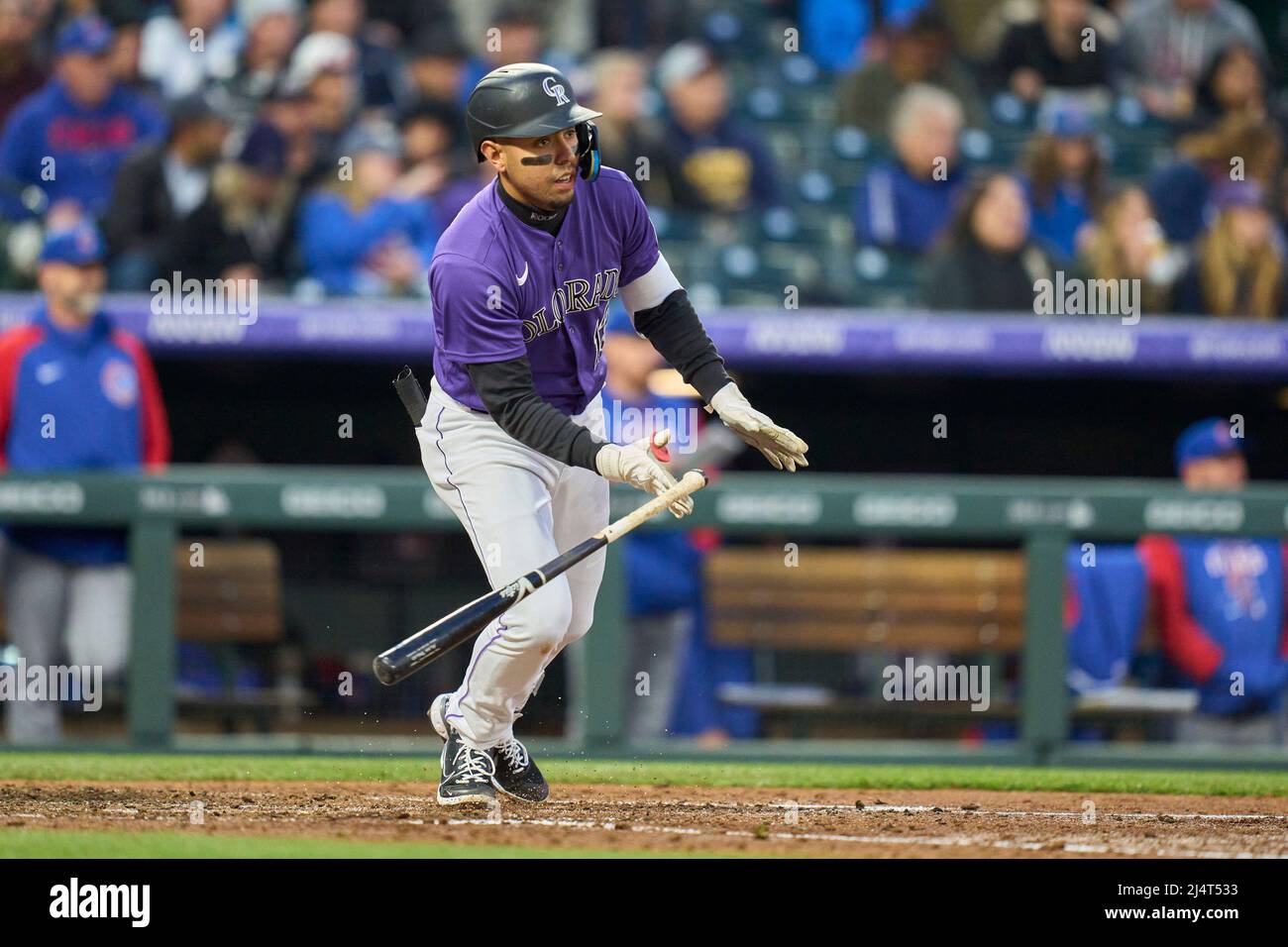 Denver CO, USA. 16th Apr, 2022. Colorado shortstop Alan Trejo (13) gets ...