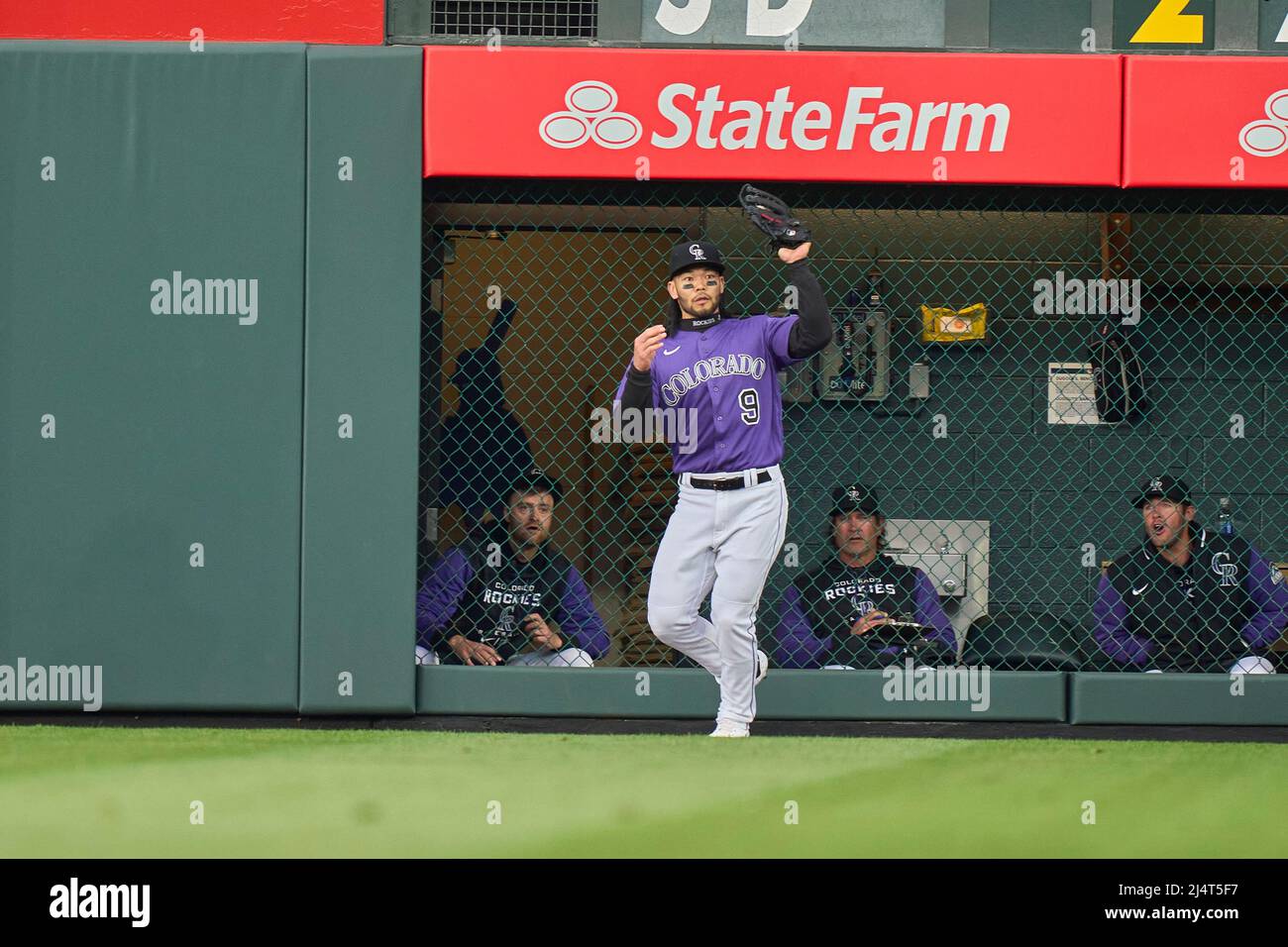 April 16 2022: Colorado right fielder Conner Joe (9) makes a play ...