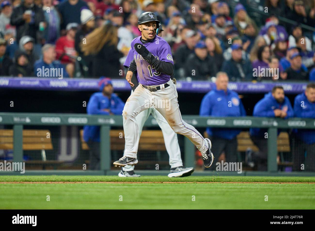 April 16 2022: Colorado shortstop Alan Trejo (13) scores a run during ...