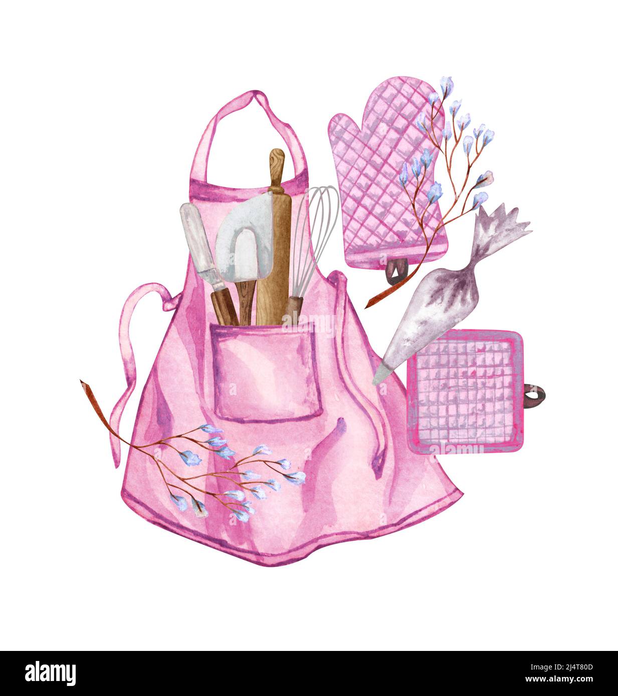 Baking watercolor illustration with kitchen utensils inside a pink ...