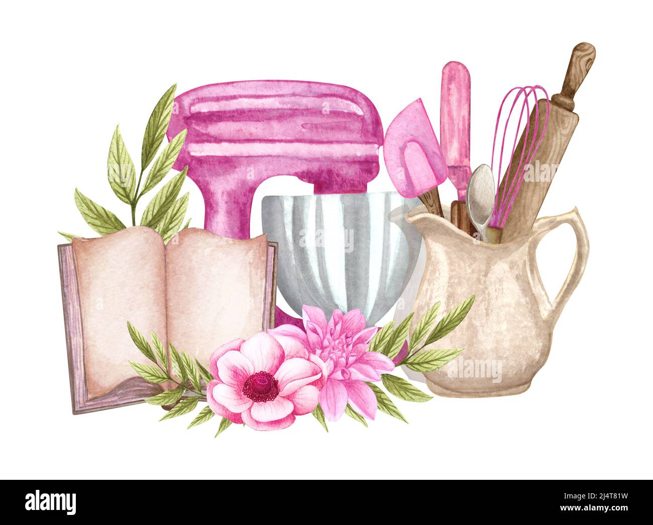Baking watercolor set with kitchen utensils, mixer, flour, chocolate ...