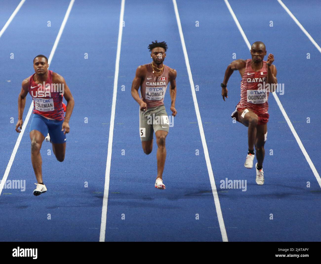 Christian COLEMAN of USA , Bolade AJOMALE of Canada and Femi OGUNODE of ...