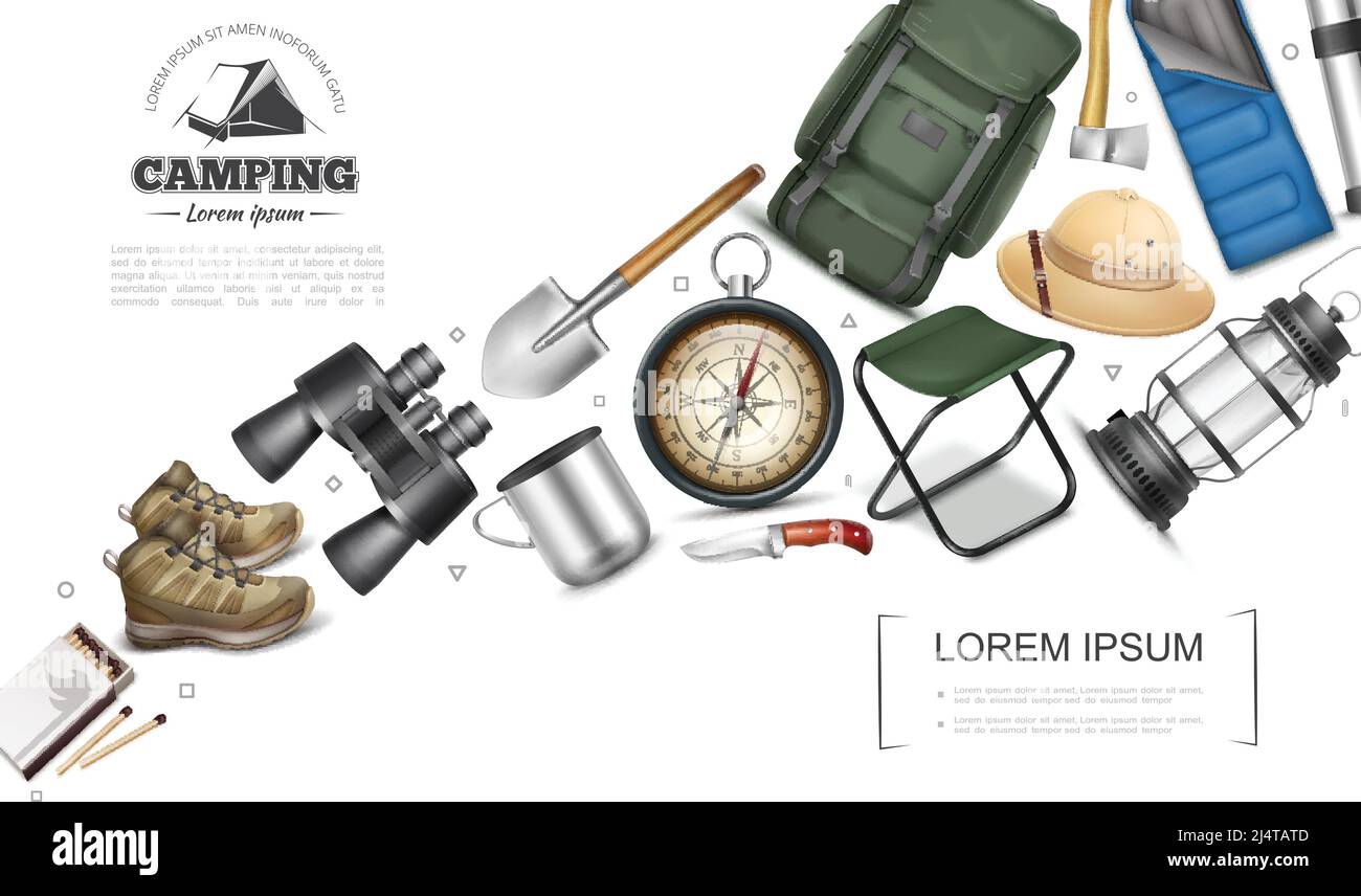 Realistic camping elements collection with binoculars matches cup ...