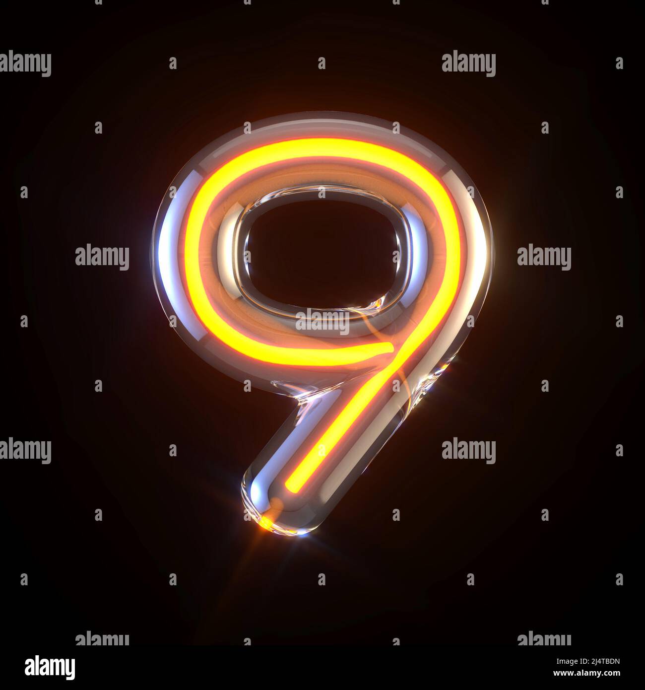 Glowing glass tube font Number 9 NINE 3D render illustration isolated ...