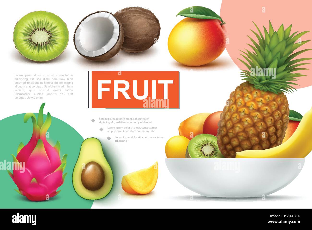 Realistic natural fruits composition with bowl of pineapple banana kiwi ...