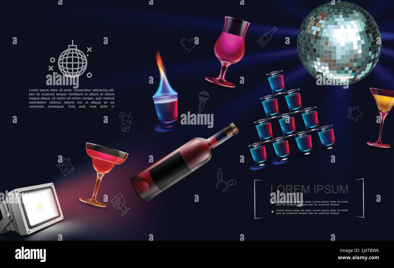 Realistic night party elements collection with cocktails fiery shot ...