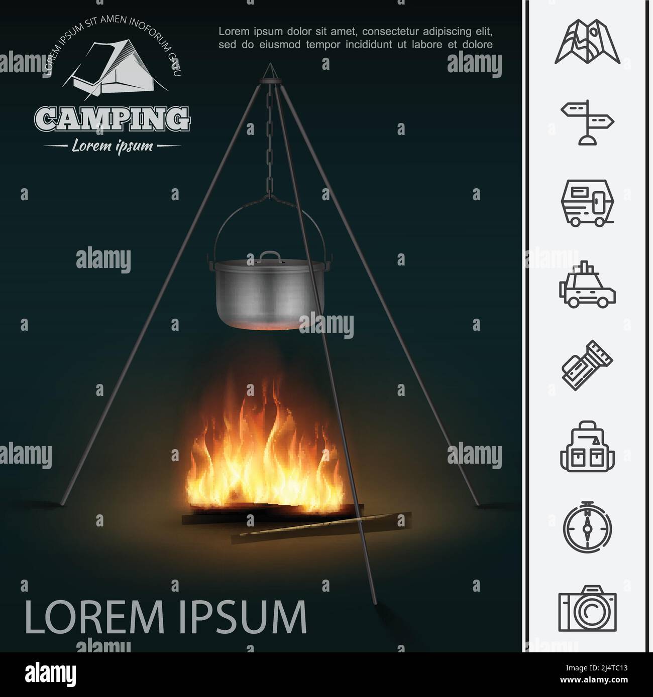 Realistic camping concept with cooking pan over campfire and outdoor ...