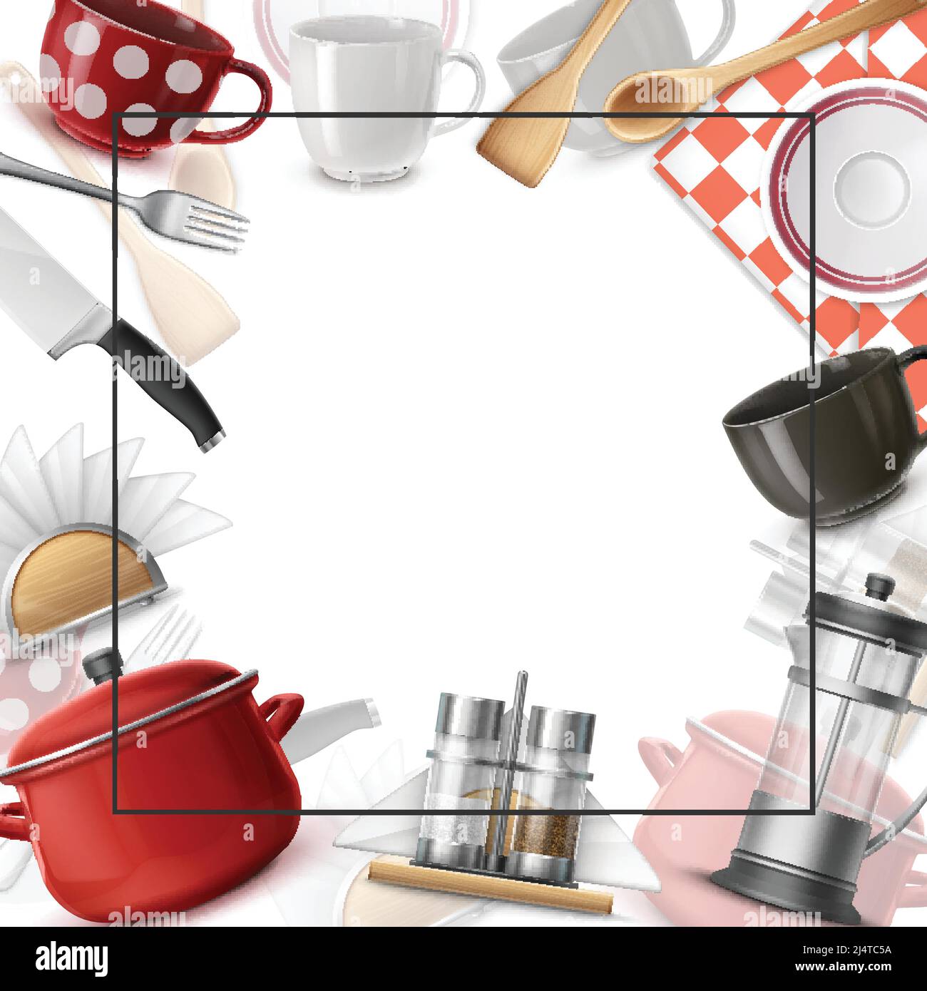 Realistic dishes colorful template with frame for text knife forks ...