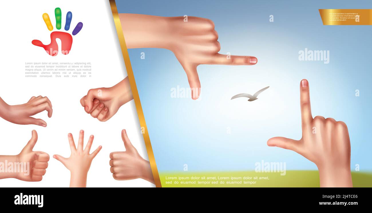 Realistic hand gestures concept with viewfinder like okay picking signs ...
