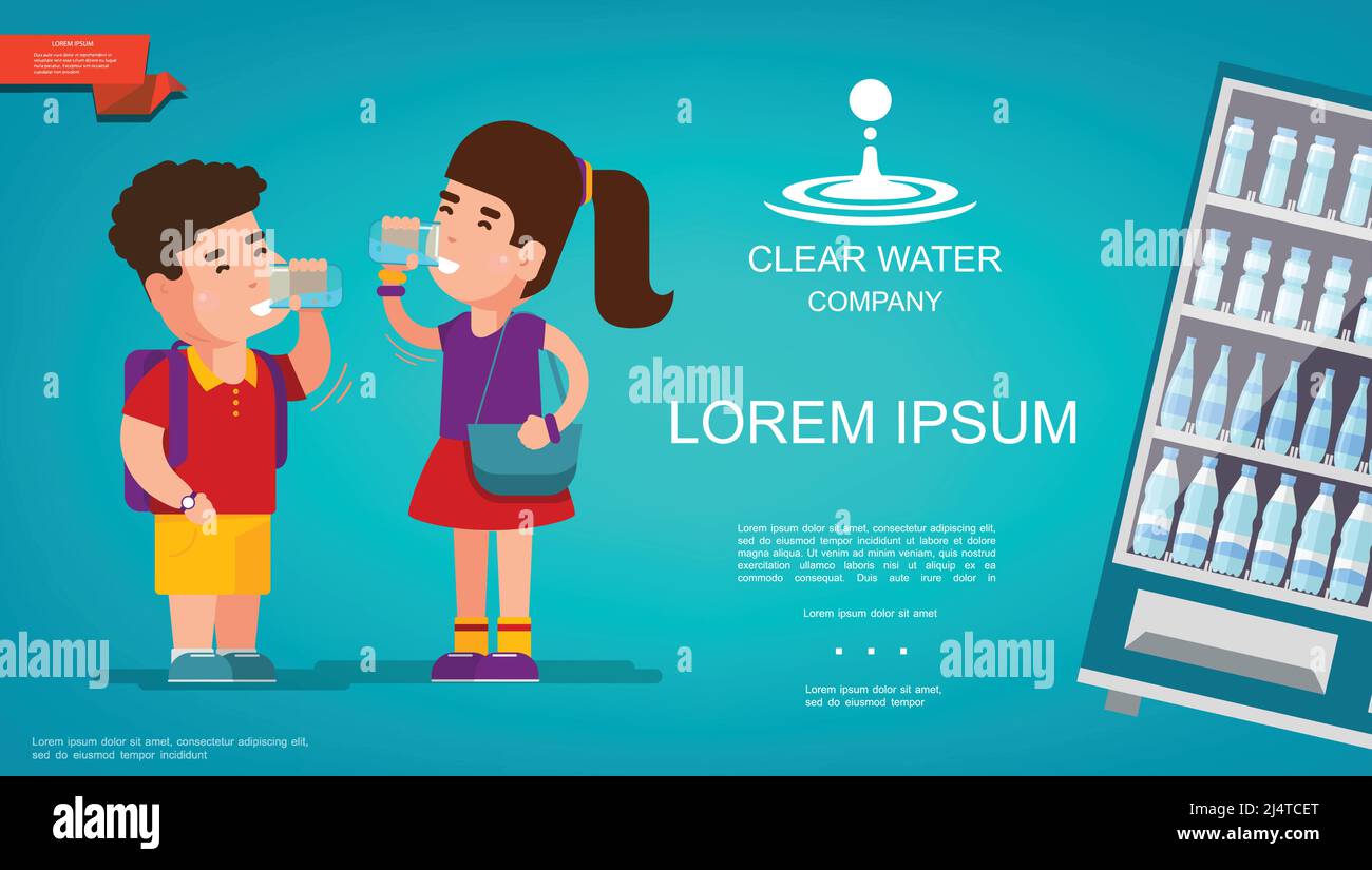 Flat pure water colorful template with boy and girl drinking water and showcase fridge for ...