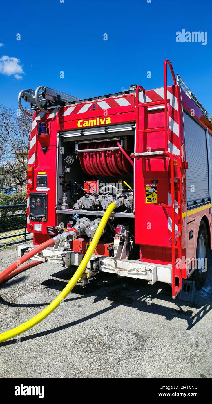back view of a french firefighter fire truck Stock Photo - Alamy