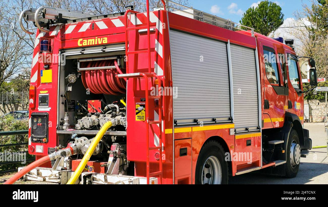 back view of a french firefighter fire truck Stock Photo - Alamy