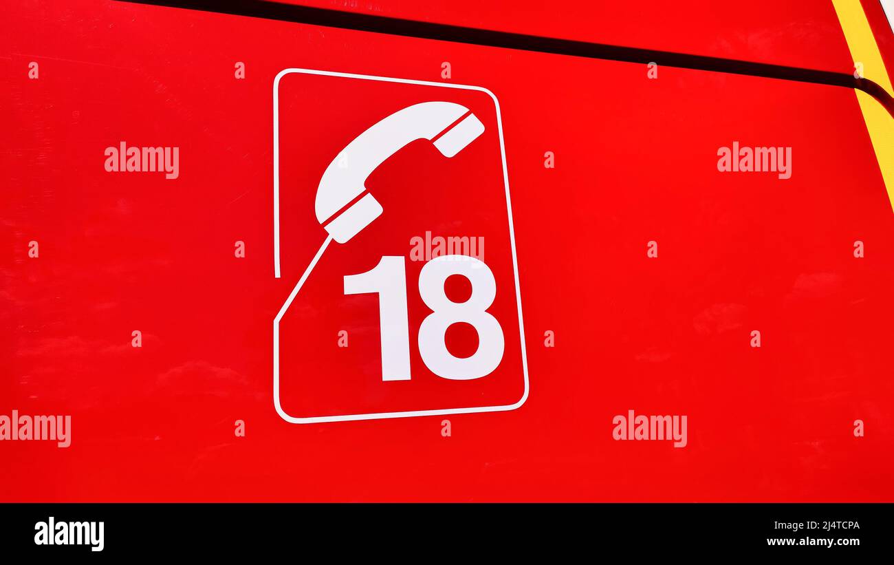 view of the emergency number of the French fire brigade on a truck ...