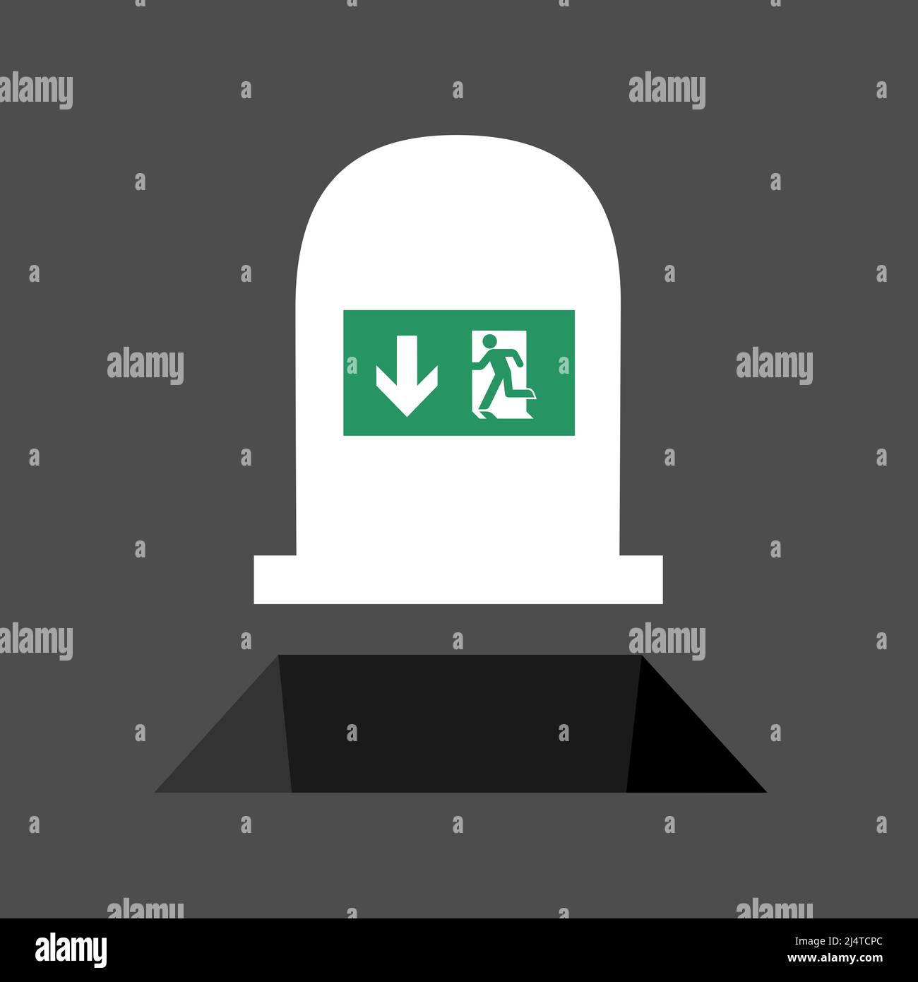 Open grave pit, headstone and gravestone with Exit sign and pictogram ...
